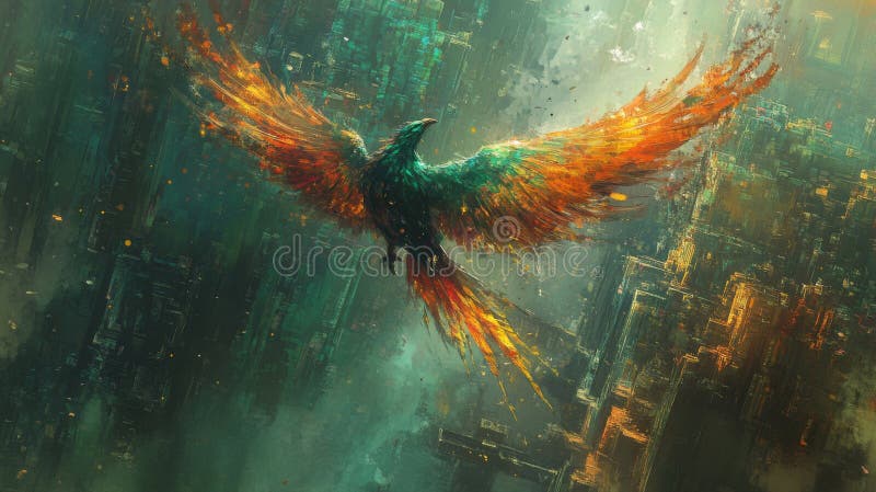 Emerald and Firebird in Flight through Dark Forest Stock Illustration ...