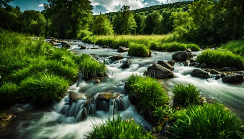 Emerald Flow - Summer Stream in the Countryside Stock Illustration ...