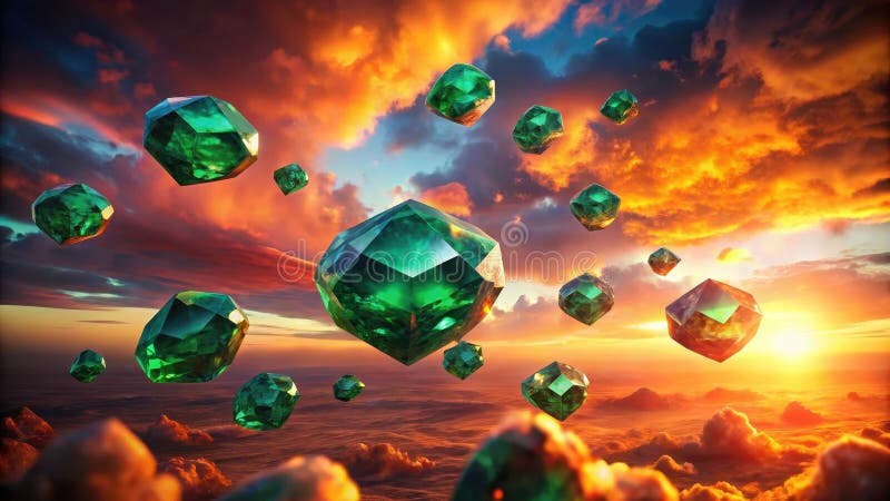 Emerald Gemstones Floating in a Fiery Sunset Sky. Generative AI Stock ...