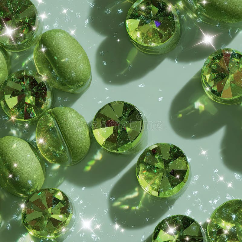Emerald Gemstones Scattered on Reflective Surface, Varied Sizes, Soft ...