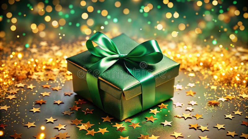 Emerald Gift Box Amidst Golden Starry Lights and Glitter. Generative AI ...