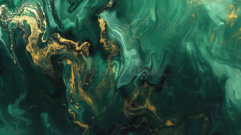 Emerald and Gold Abstract Paint Texture with Fluid Gradient Patterns in ...