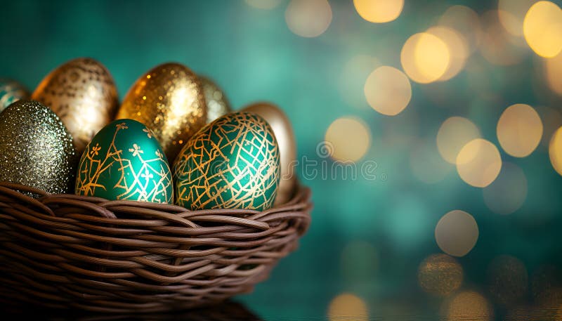 Emerald and Gold Easter Eggs in Wicker Basket on Dark Green Background ...