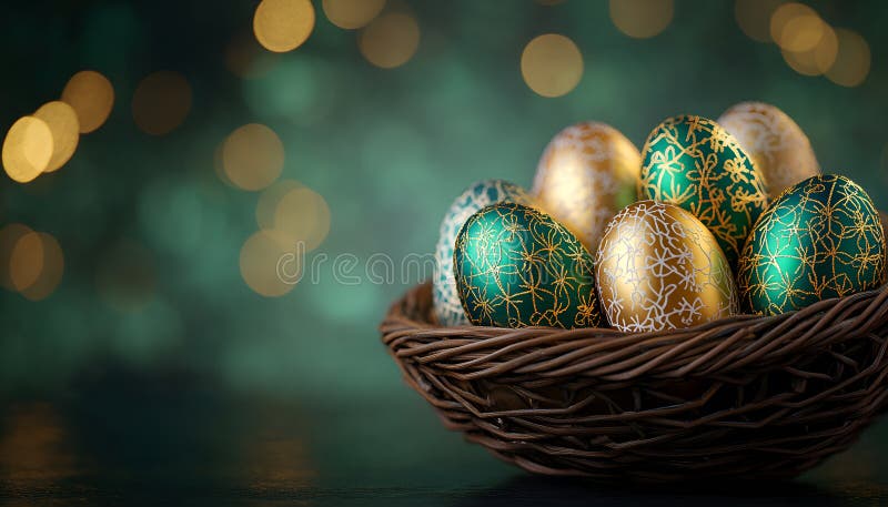 Emerald and Gold Easter Eggs in Wicker Basket on Dark Green Background ...