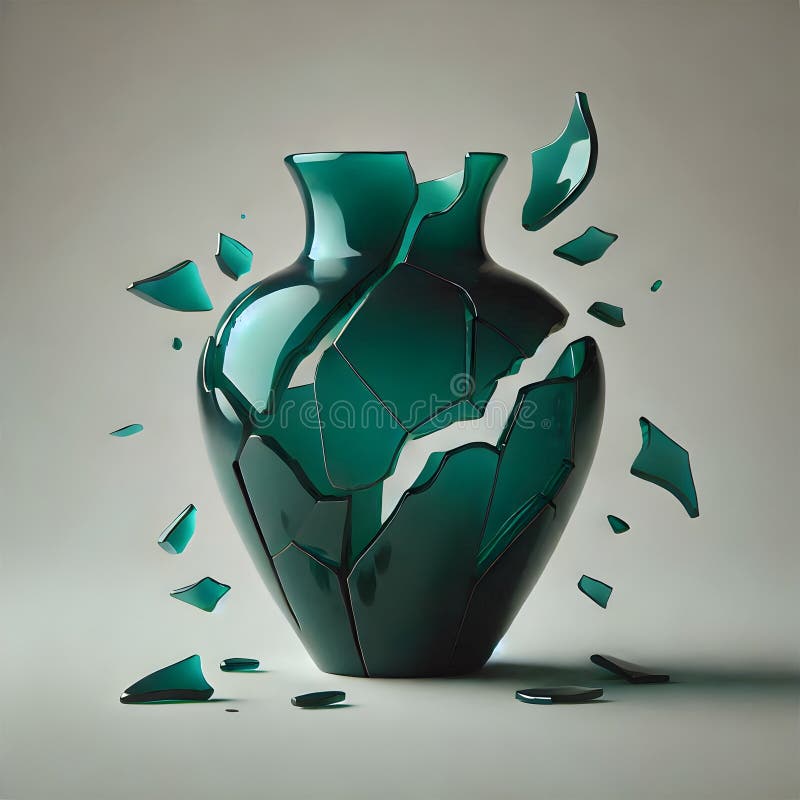 An Emerald Gree Broken Vase with Flying Glass Pieces on a Solid ...
