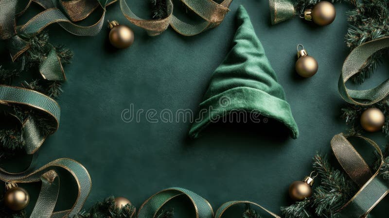 Emerald Green Christmas Background with Elf Hat, Ornaments, and Ribbons ...