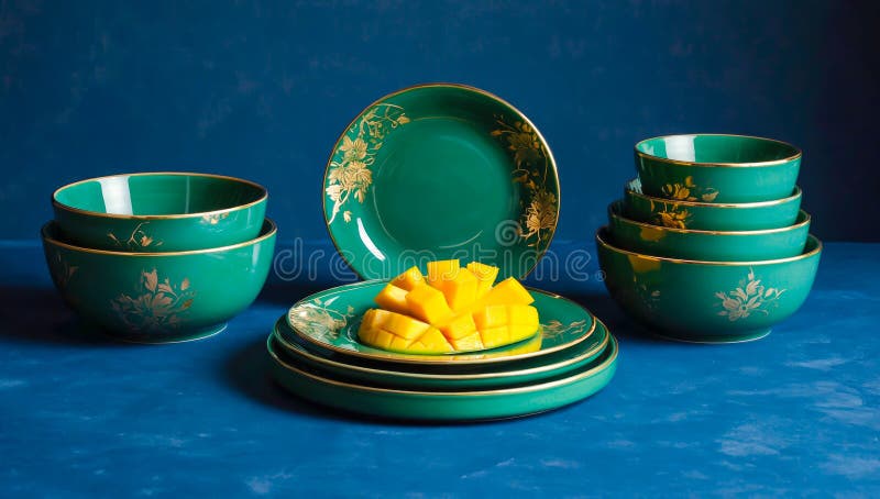 Emerald Green Dinnerware Set with Delicate Gold Detailing, Arranged with Fresh Mango Stock Image ...