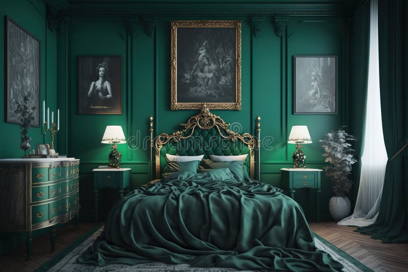 Emerald Green Elegant Bedroom Interior Stock Illustration ...