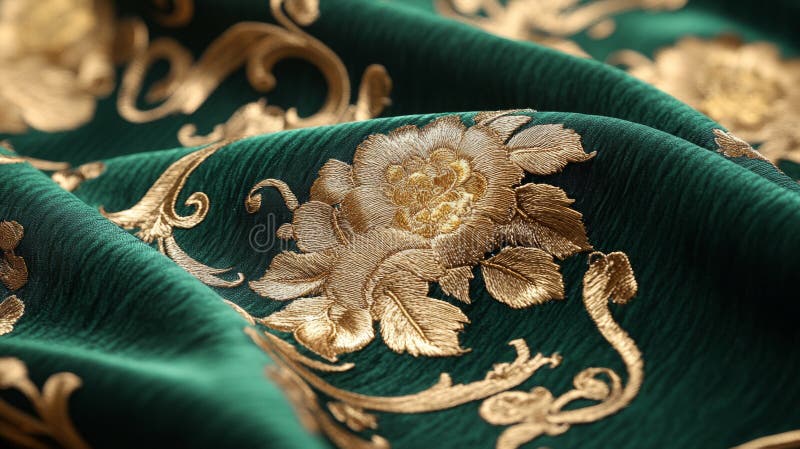 Emerald Green Fabric with Gold Floral Embroidery Stock Illustration ...