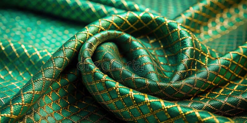 Emerald Green Fabric with Gold Geometric Pattern Draped Luxuriously ...