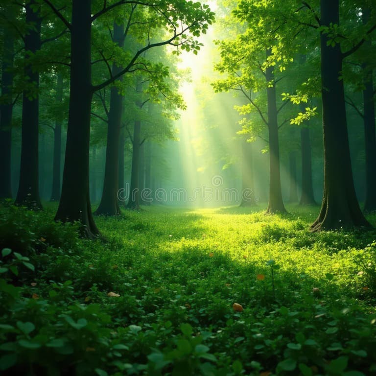 Emerald Green Forest Bathed in Warm Sunlight, Long Shadows , Spring ...