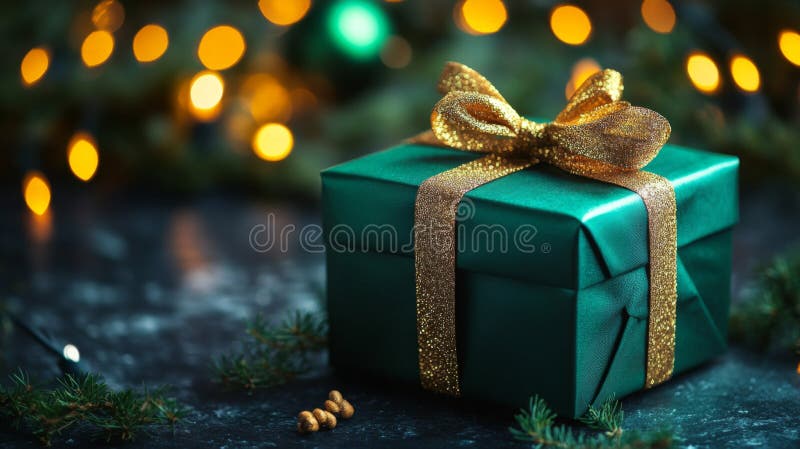 Emerald Green Gift Box with Gold Ribbon and Bokeh Lights Stock ...