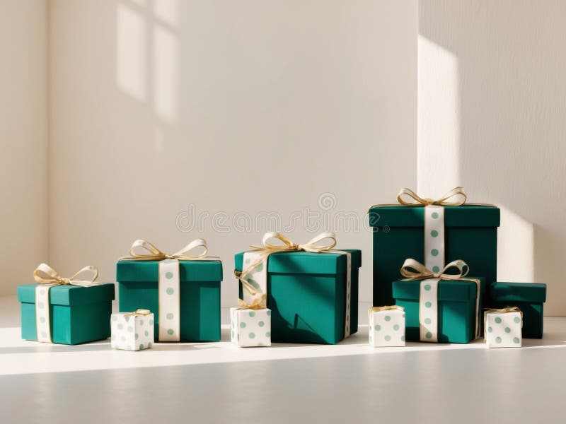 Emerald Green Gift Boxes with Golden Bows and Polka Dots. Stock Photo ...