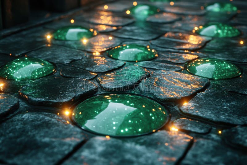 Emerald Green Glass Domes on Dark Stone Path Glowing Lights Abstract ...