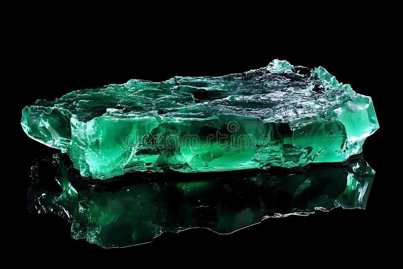 Emerald Green Glass Shard on Black Reflective Surface Stock ...