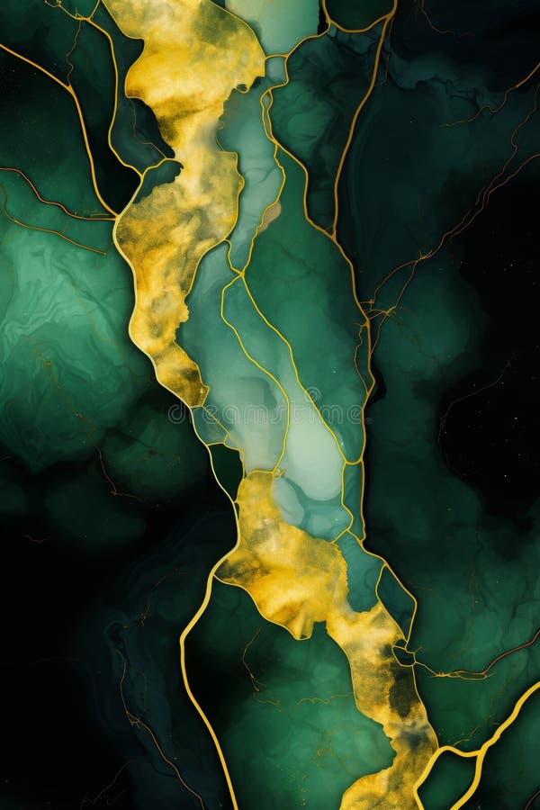 Emerald Green Gold Marble Texture with Fluid Watercolor Art and Black ...