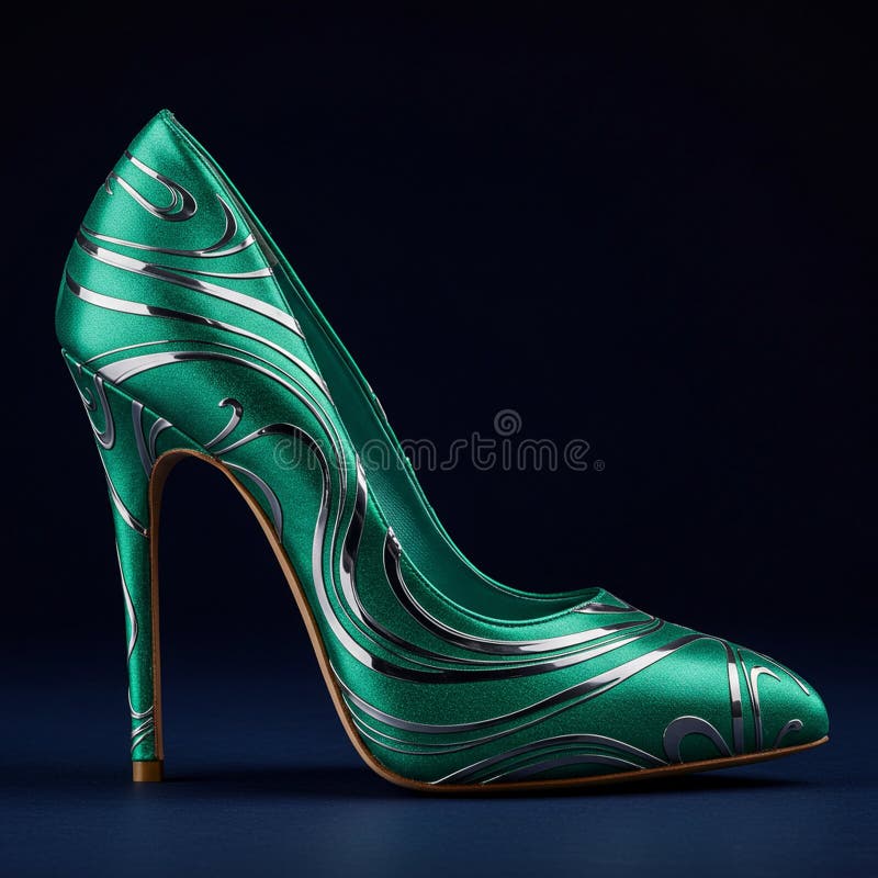 Emerald Green High-heeled Shoe with a Sleek, Shiny Finish. Silver ...