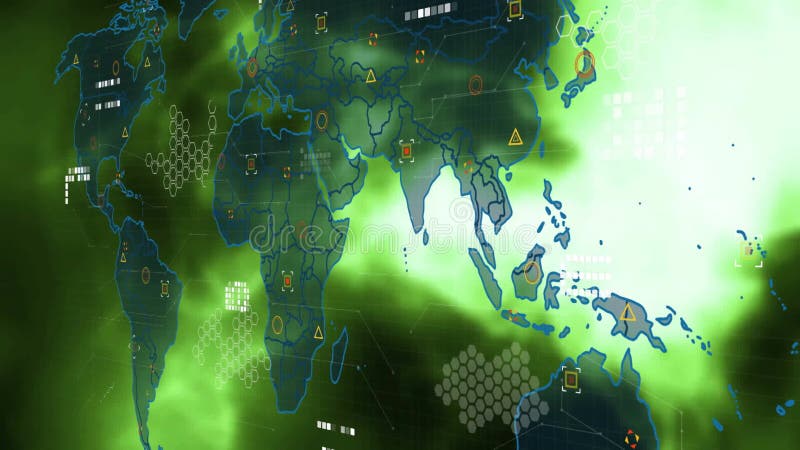 Emerald-green Mist Swirling Revealing Wireframe Map with Data Panels ...