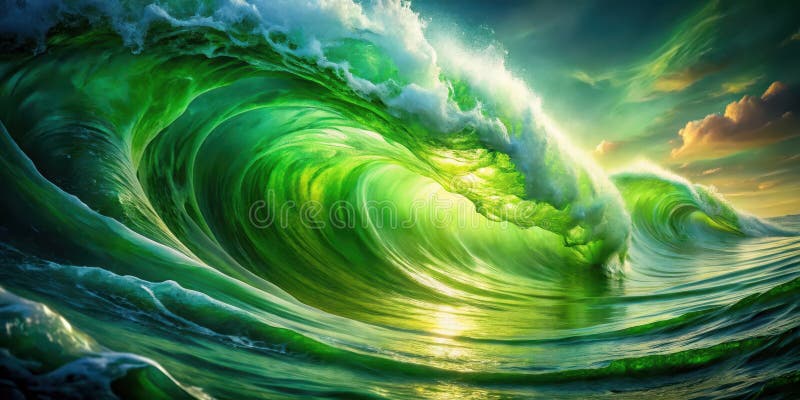 Emerald Green Ocean Wave Crashing Under a Dramatic Sky. Generative AI Stock Illustration ...