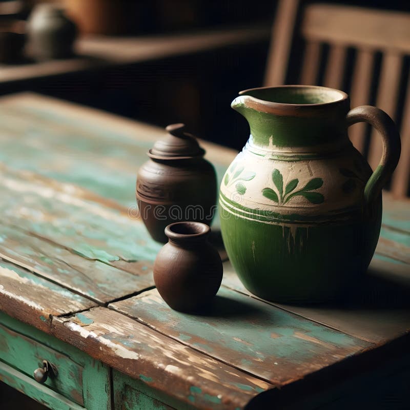 Emerald Green Pitcher on a Rustic Wooden Table. Stock Illustration ...