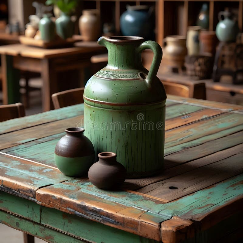Emerald Green Pitcher on a Rustic Wooden Table. Stock Illustration ...