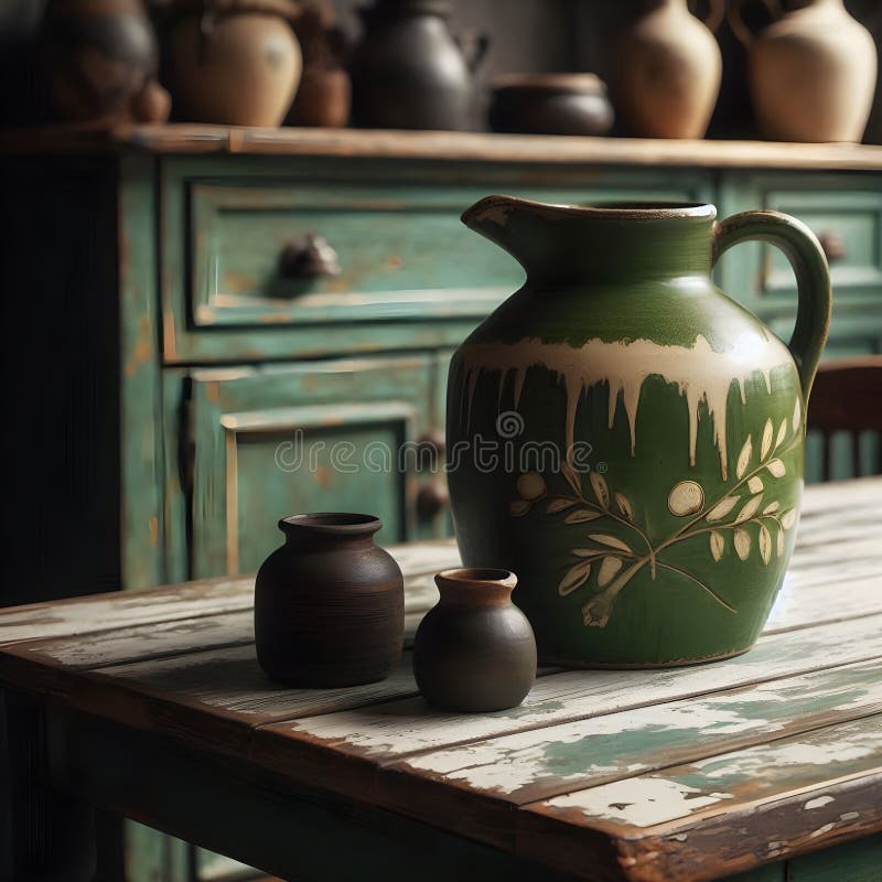 Emerald Green Pitcher on a Rustic Wooden Table. Stock Illustration ...