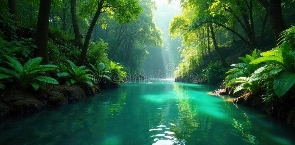 Emerald Green River Flows through Lush Rainforest Canopy, Wet, Rocks ...