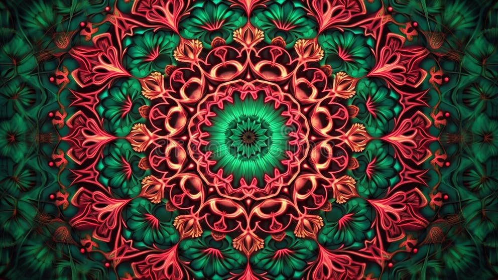 Emerald Green and Ruby Red Kaleidoscopic Mandala Design Stock ...