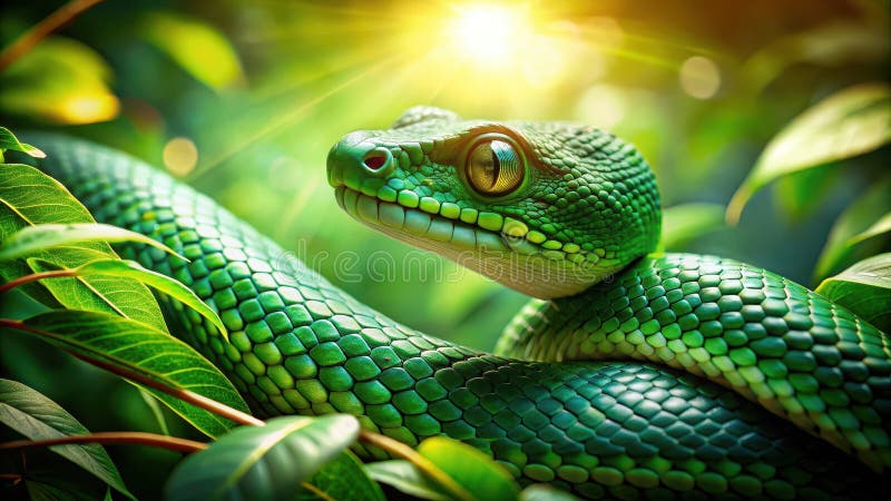 Emerald Green Serpent Basking in Sunlight Amongst Lush Foliage ...