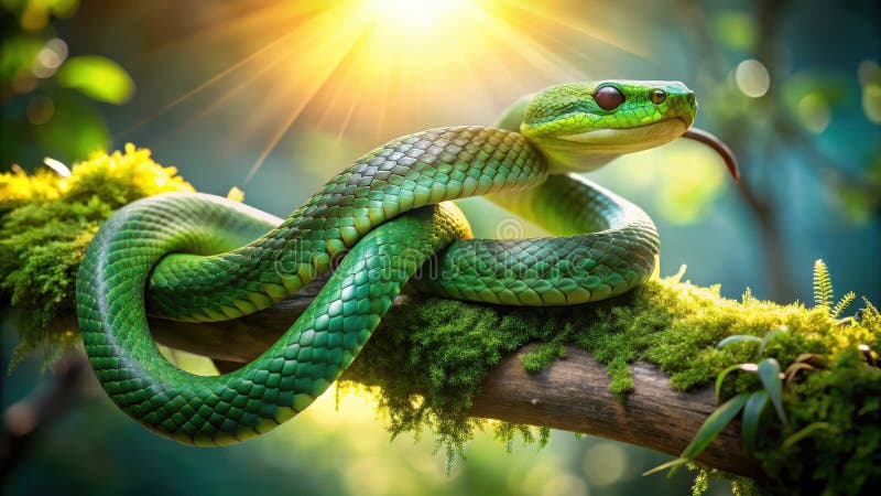 Emerald Green Serpent Coiled on Mossy Branch in Sunlight. Generative AI ...