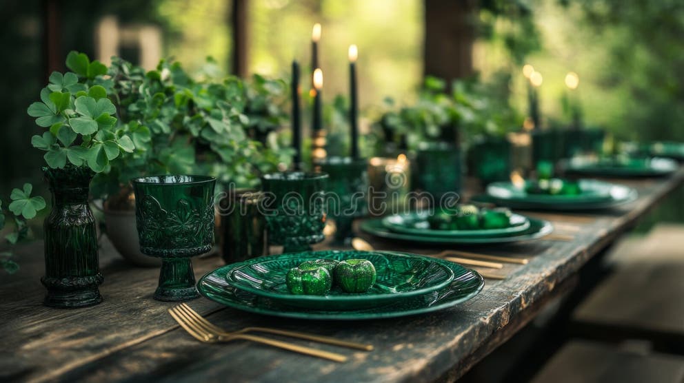 Emerald Green Table Setting with Candles and Greenery Stock ...
