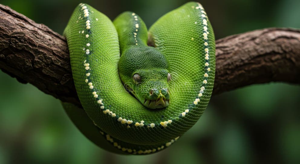 Emerald Green Tree Python Coiled on Branch in Tropical Forest Stock ...