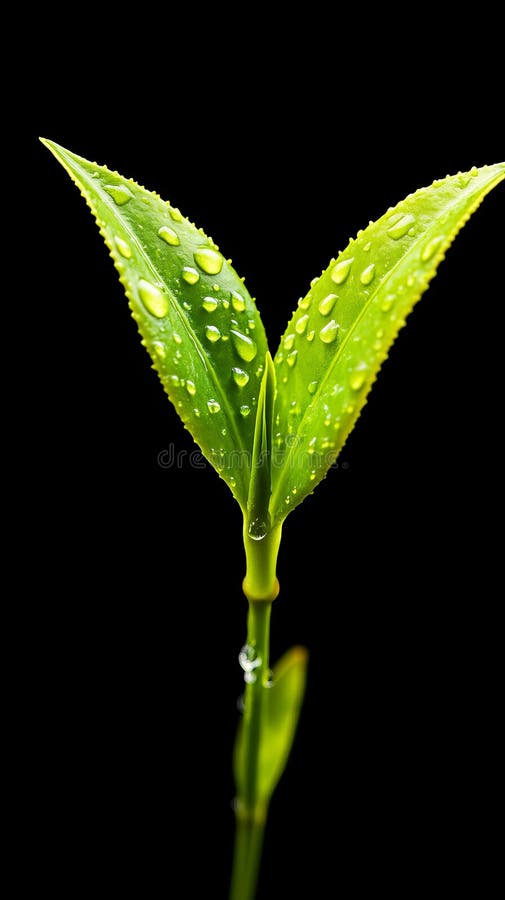 Emerald Leaves Adorned with Droplets, Set Against a Dark Background ...