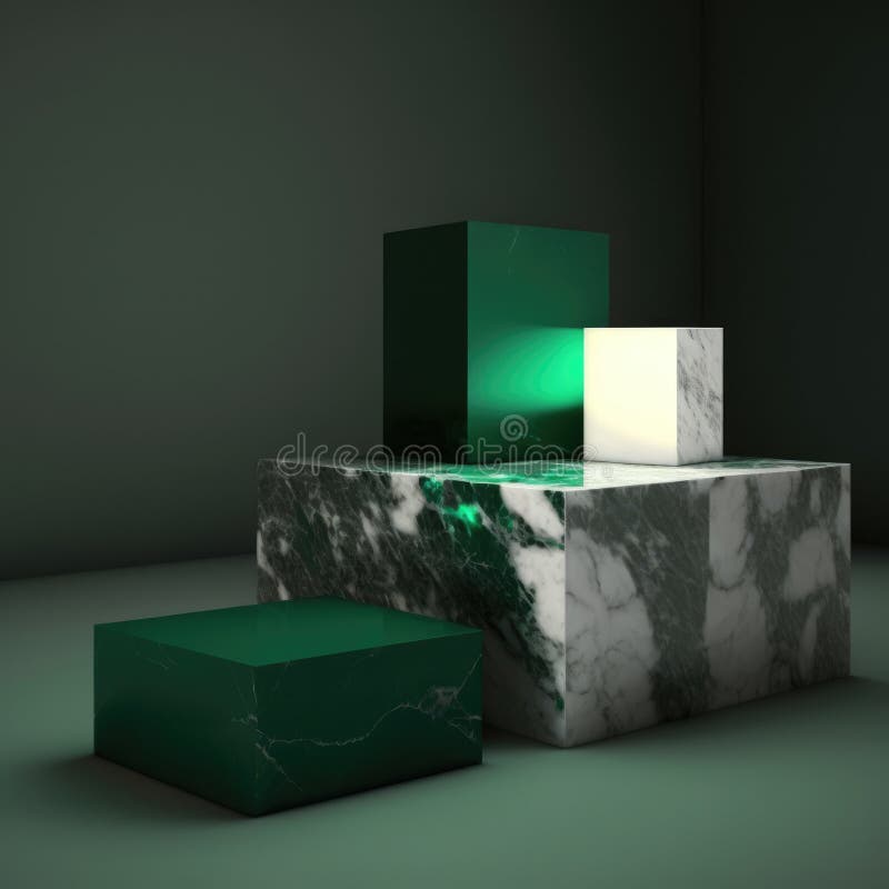 Emerald Lights and Marble Cubes Podium, Empty Showcase for Packaging ...