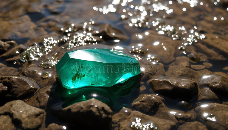 Emerald Lying on a Rocky Riverbed, Partially Submerged in Clear Flowing ...