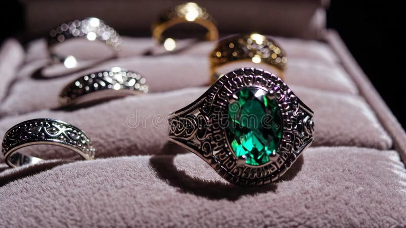 Emerald Ring Shining among Other Rings in Jewelry Box Stock Footage ...