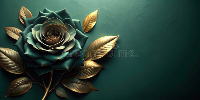 Emerald Rose with Gilded Leaves on Textured Background a Luxurious ...