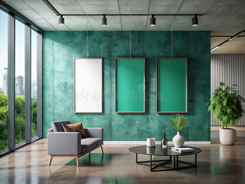 Emerald Teal Office Design a 3D Mockup Featuring Three Vertical Frames ...