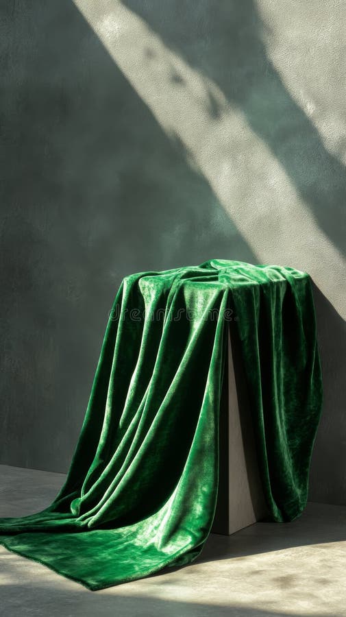 Emerald Velvet Fabric Draped Over Cube Podium in Sunlight, Artistic ...