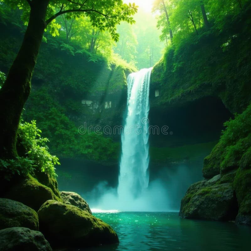 Emerald Waterfall Cascading through Sun Dappled Rainforest Canopy ...