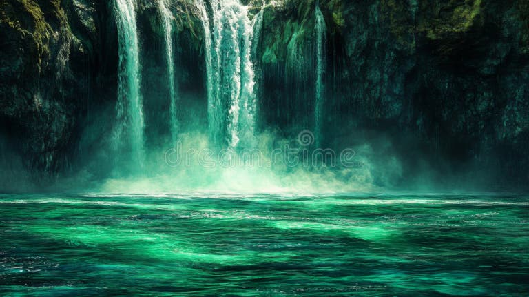 Emerald Waterfall Cascading into Teal Pool Stock Illustration ...