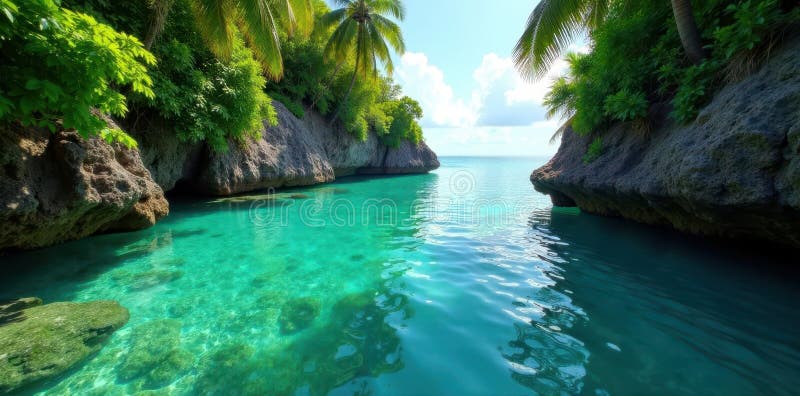 Emerald Waters Lap a Hidden Cove, Fringed by Palms , Pristine ...