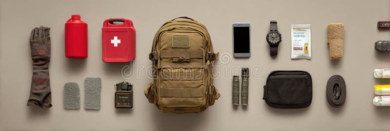 Emergency Backpack Essentials Laid Out on Neutral Background for ...