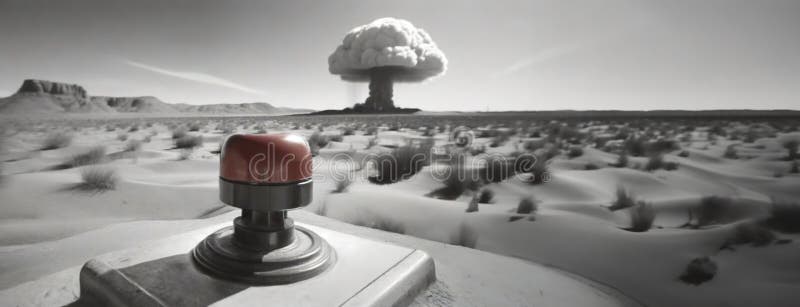 Emergency Button in Desert Landscape with Nuclear Explosion. an ...
