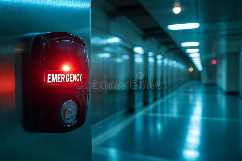 Emergency Button in Modern Corridor with Blue Lighting for Urgent ...