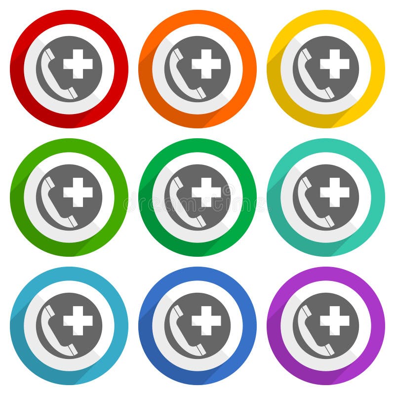 Emergency Call Vector Icons, Set Of Colorful Flat Design Buttons For ...