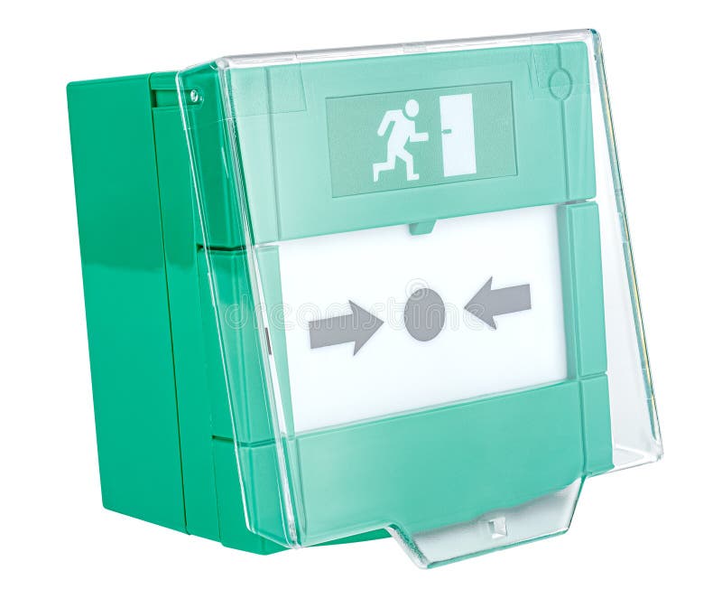 Green Emergency Door Release Button with Open Transparent Lid Isolated ...
