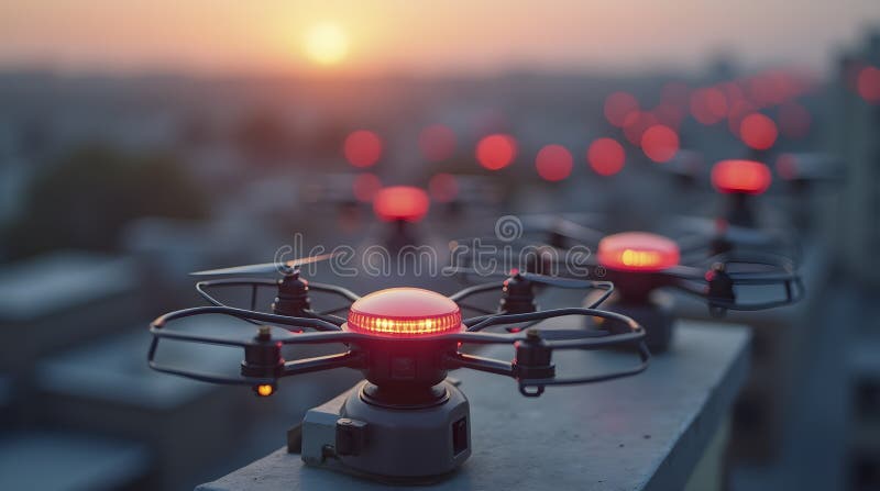 Emergency Drone Ports on Rooftops Pulsing Red, AI Generated Image Stock ...