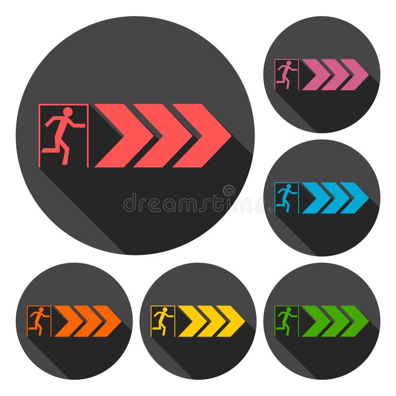 Emergency Exit Icons Set with Long Shadow Stock Illustration ...