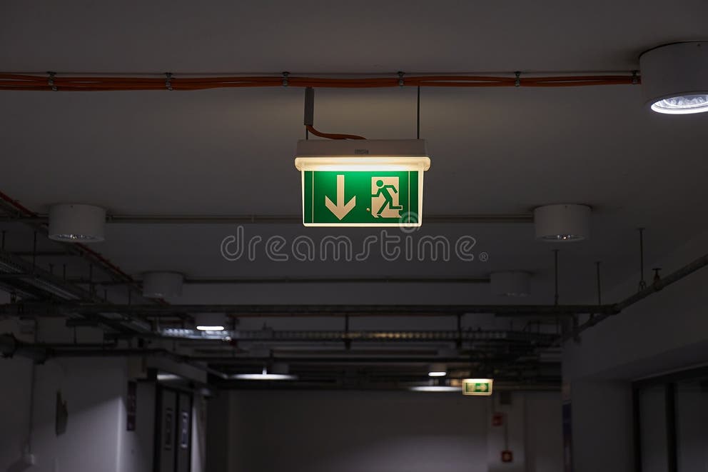 Emergency Exit Sign stock image. Image of basement, night - 375087789